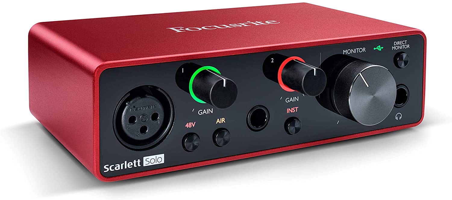 Focusrite Scarlett Solo 2x2 USB Audio Interface Full Studio Bundle with Creative Music Production Software Kit and Eris 4.5 Pair Studio Monitors and 1/4” Instrument Cables