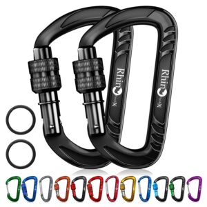 rhino produxs 2pcs of 12kn (2697 lbs) heavy duty lightweight locking carabiner clips - excellent for securing pets, outdoor, camping, hiking, hammock, dog leash harness, keychains, water bottle