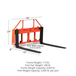 Titan Attachments UA USA Made Orange Pallet Fork Frame Attachment, 48â€ Fork Blades, Rated 4,000 LB