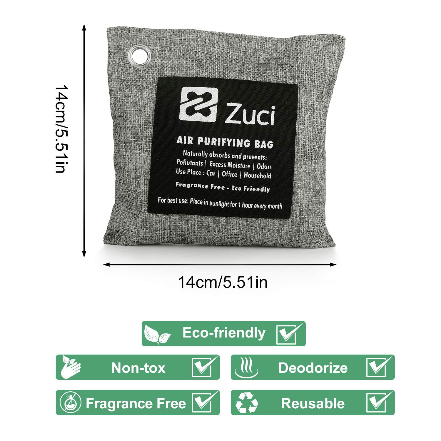 Zuci Pk 5 x 200 Grams Bamboo Charcoal Air Freshener Bags Naturally Activated Charcoal Bags Odor Absorber Car Pets Closet Basement & Litter Car Air Freshener