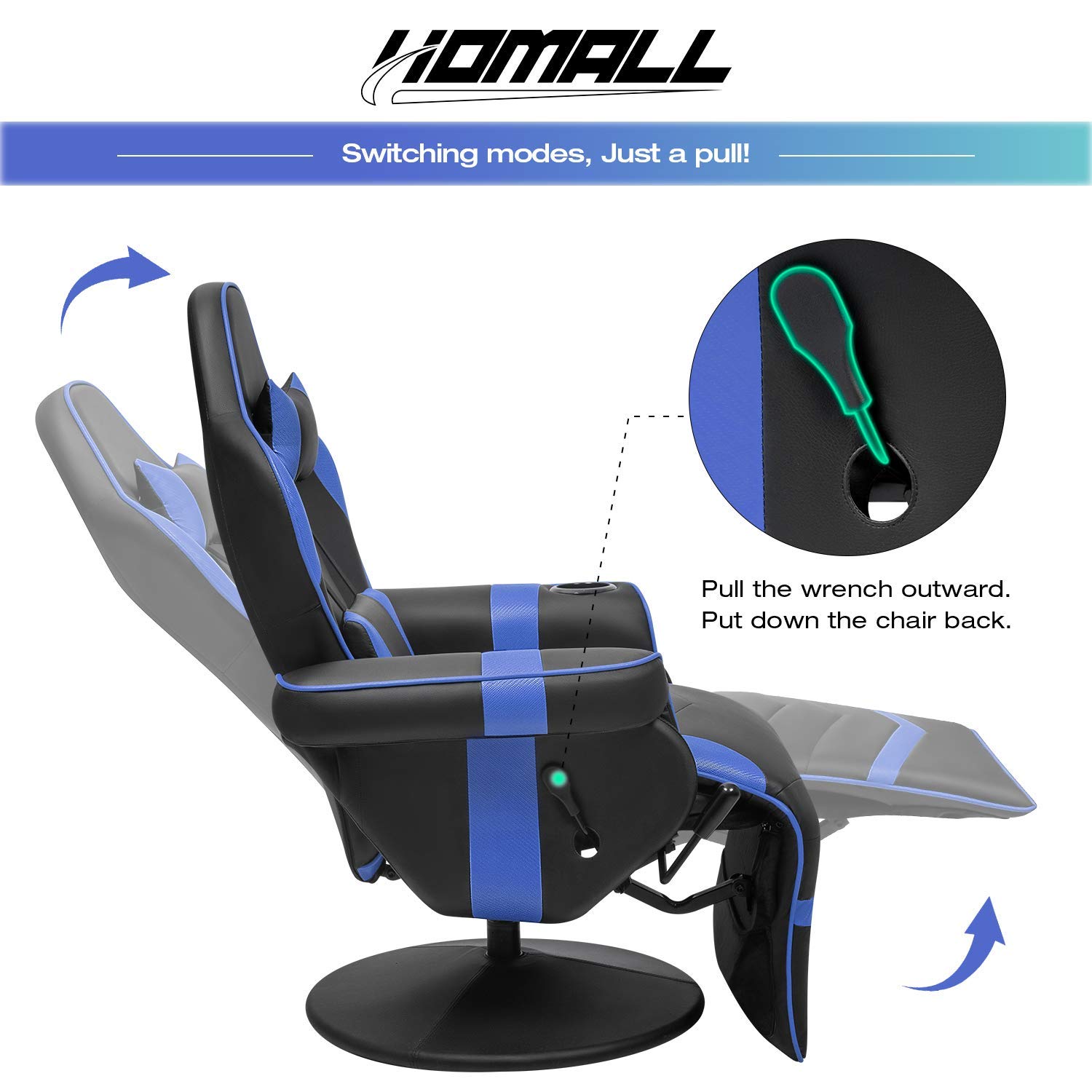 Homall Gaming Recliner Chair Racing Style PU Leather Gaming Chair Ergonomic Adjusted Reclining Office Desk Chair Home Theater Single Sofa Chair with Footrest Headrest and Lumbar Support (Blue)