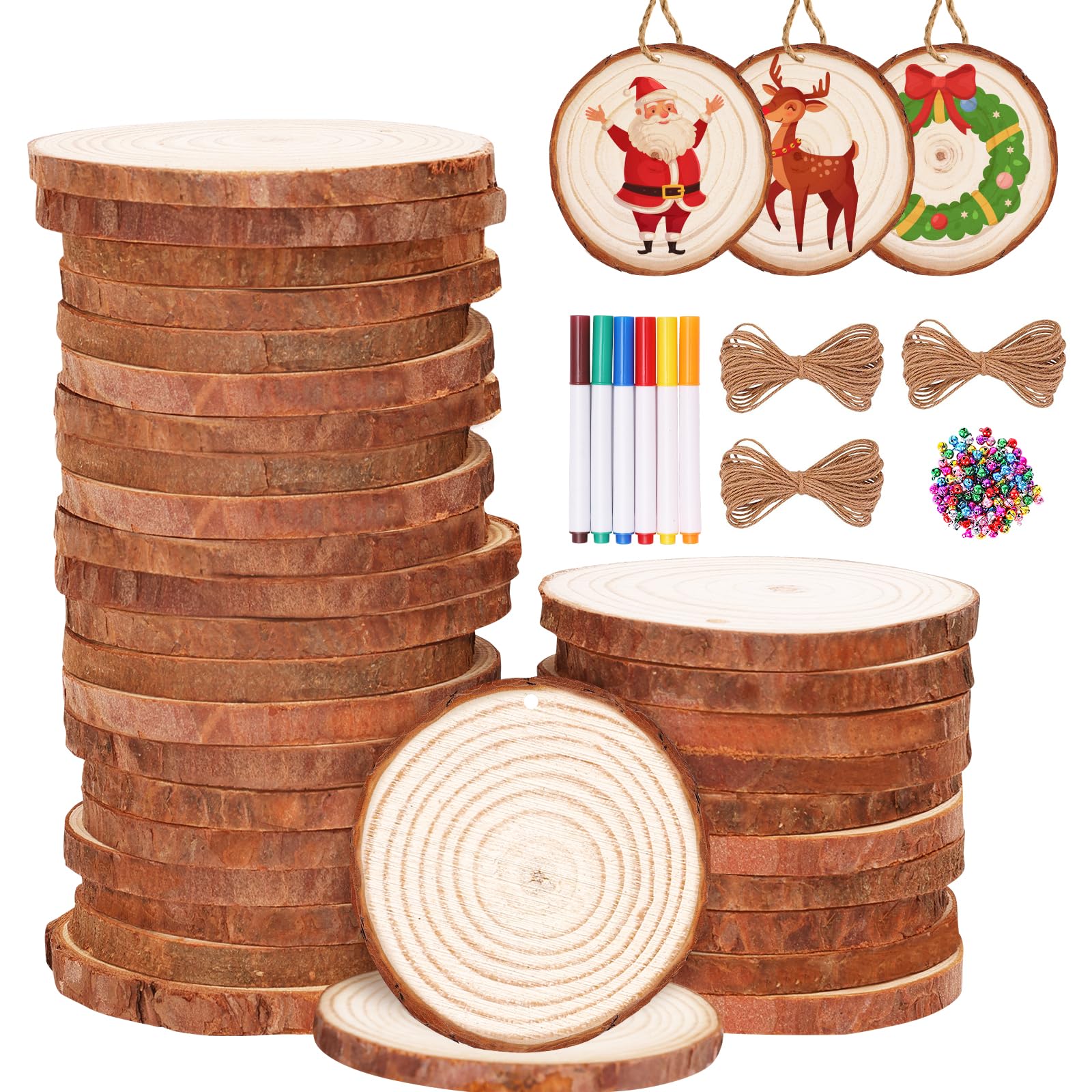 Max Fun Natural Wood Slices 30Pcs 2.4-2.8'' Craft Wood Kit Christmas Ornaments Unfinished Predrilled with Hole Wooden Circles for Arts and Crafts Christmas Holiday Ornaments DIY Crafts