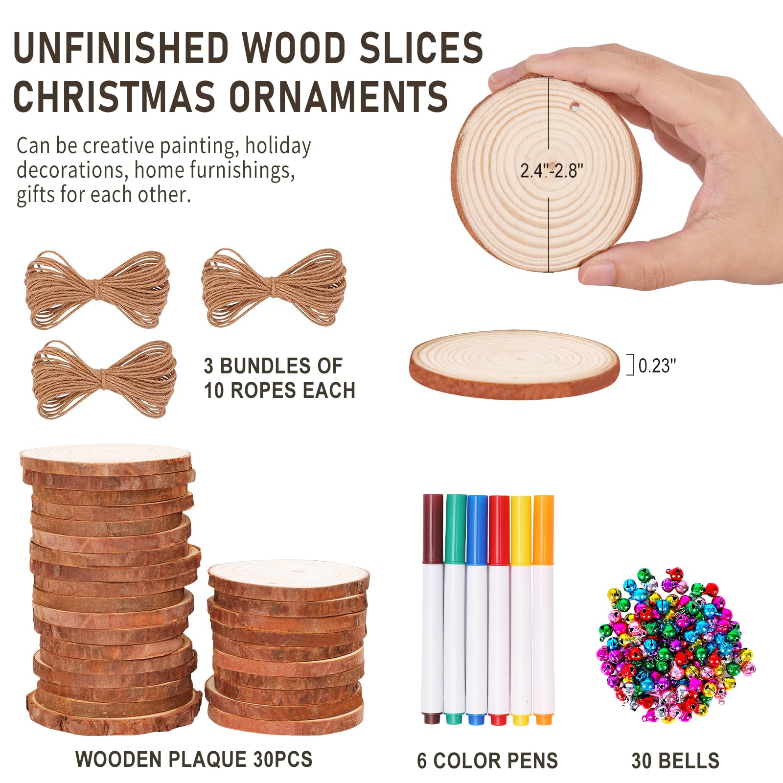 Max Fun Natural Wood Slices 30Pcs 2.4-2.8'' Craft Wood Kit Christmas Ornaments Unfinished Predrilled with Hole Wooden Circles for Arts and Crafts Christmas Holiday Ornaments DIY Crafts