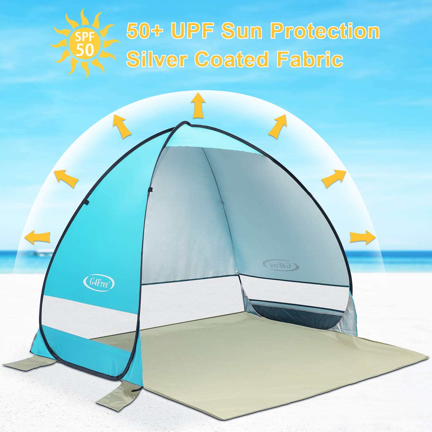 G4Free Portable Beach Tent 2-3 Persons Sun Shade Shelter UPF 50+ Sport Umbrella Canopy with Extendable Floor Foldable Lightweight