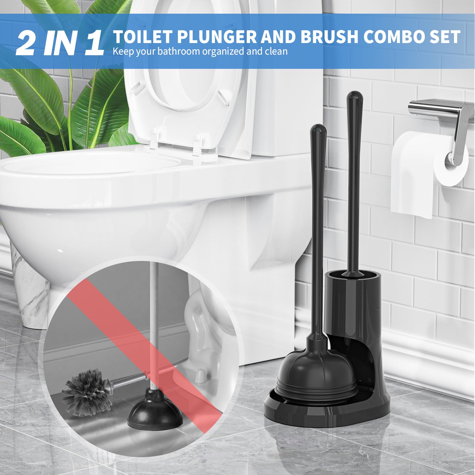 uptronic Toilet Plunger and Brush, Bowl Brush and Heavy Duty Toilet Plunger Set with Holder, 2-in-1 Bathroom Cleaning Combo with Modern Caddy Stand (Black, 2 Set)