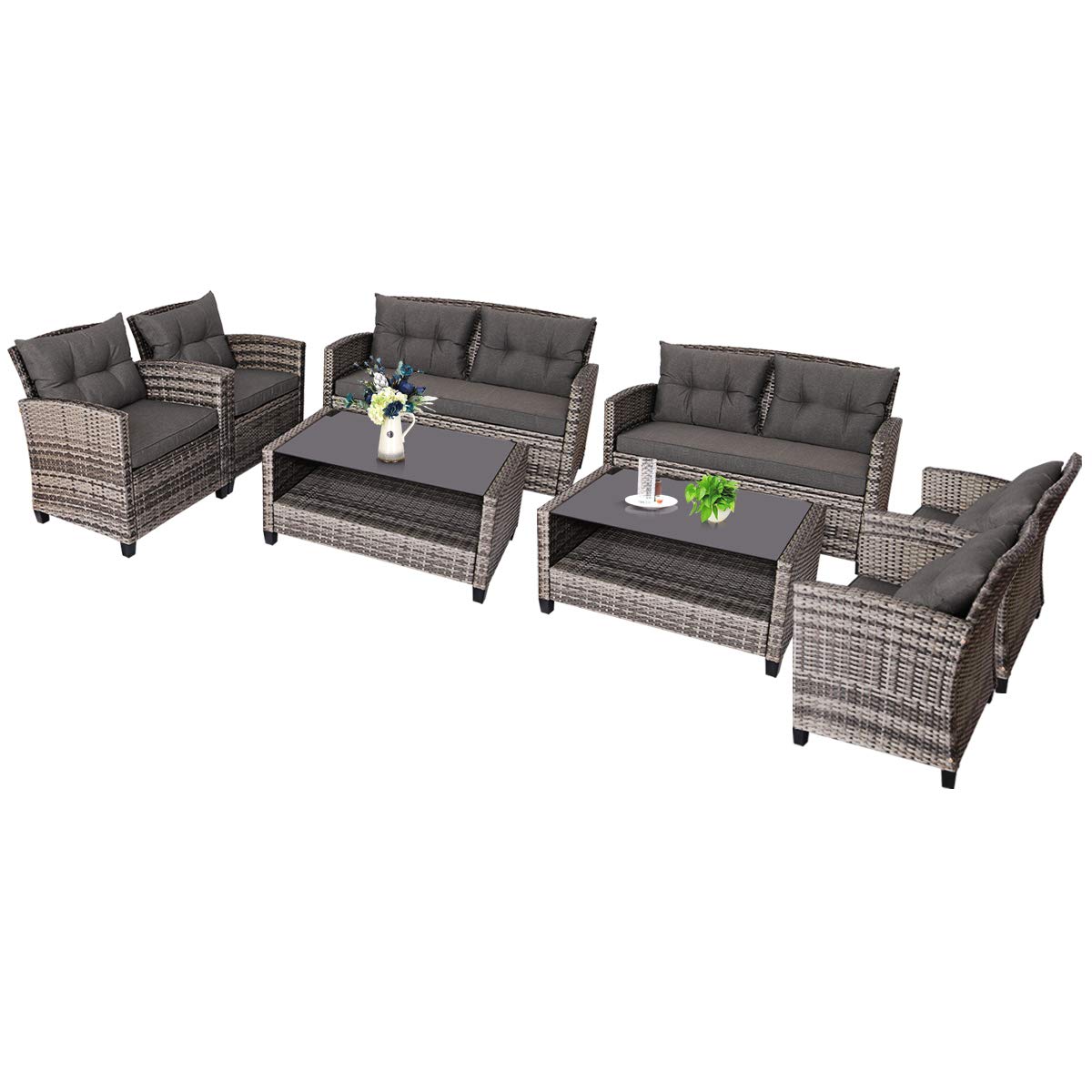 Tangkula 8 PCS Patio Wicker Conversation Furniture Set, Outdoor Rattan Sofa Set with Padded Cushion & Tempered Glass Coffee Table, Wicker Sectional Sofas & Table for Courtyard Balcony Garden (2, Grey)