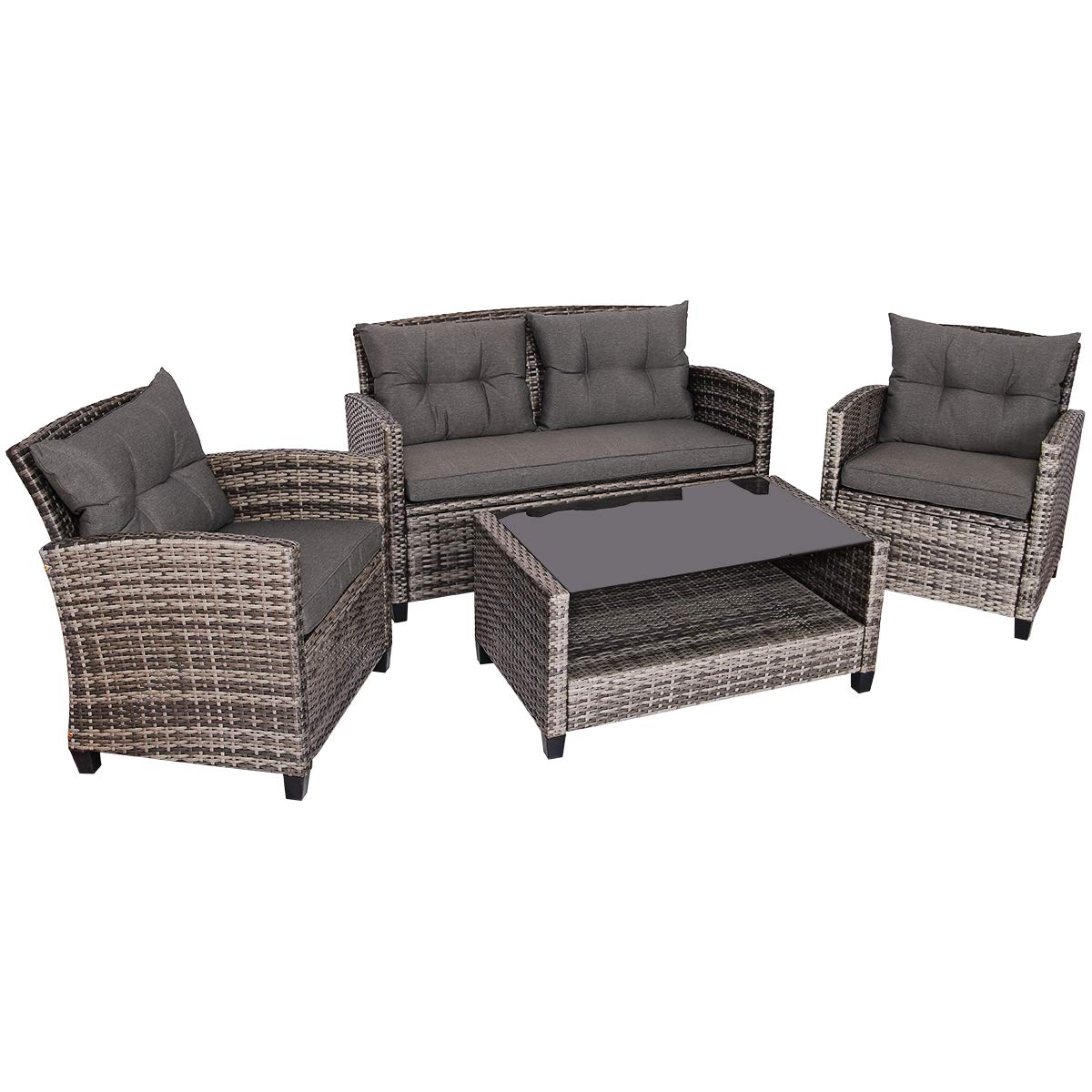 Tangkula 8 PCS Patio Wicker Conversation Furniture Set, Outdoor Rattan Sofa Set with Padded Cushion & Tempered Glass Coffee Table, Wicker Sectional Sofas & Table for Courtyard Balcony Garden (2, Grey)