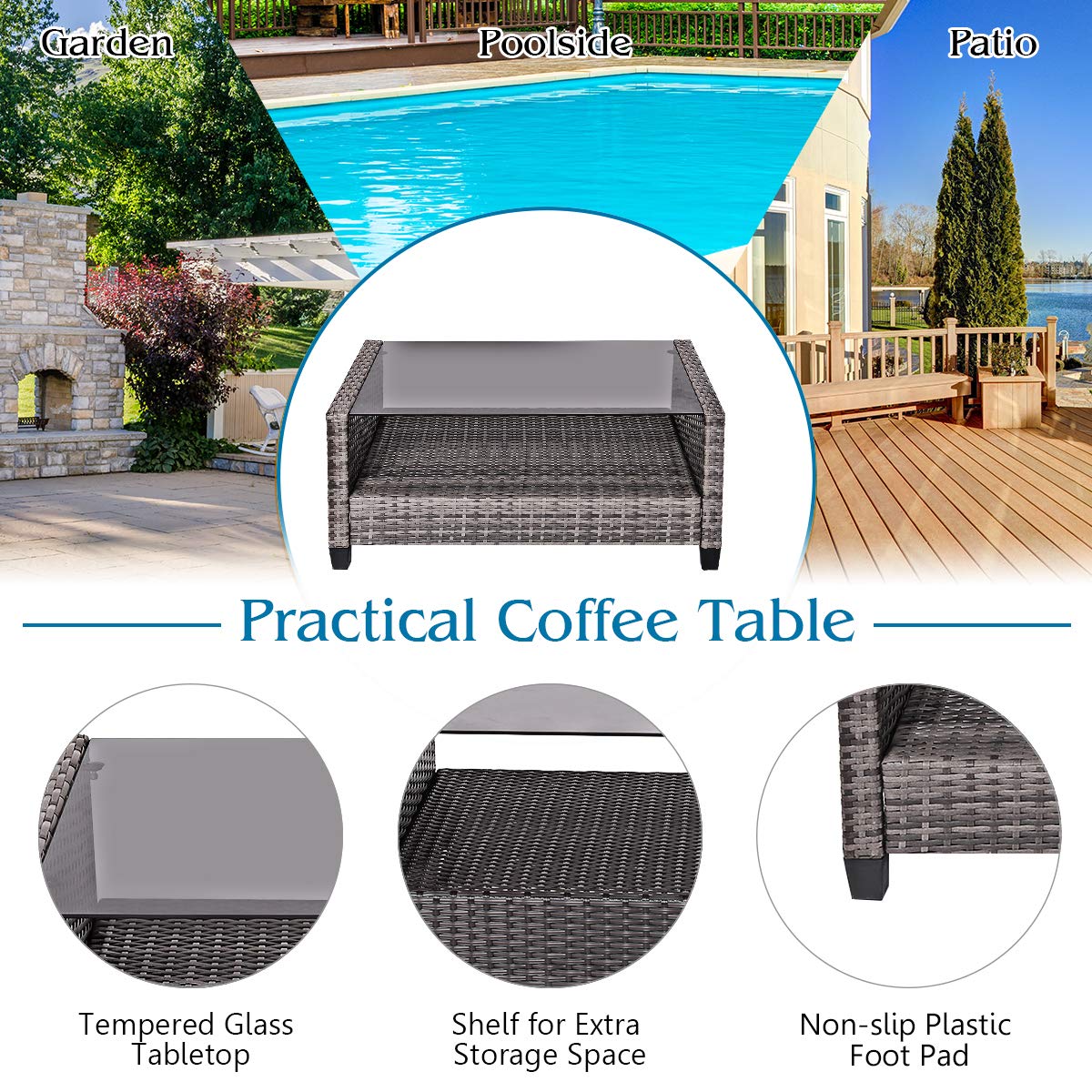 Tangkula 8 PCS Patio Wicker Conversation Furniture Set, Outdoor Rattan Sofa Set with Padded Cushion & Tempered Glass Coffee Table, Wicker Sectional Sofas & Table for Courtyard Balcony Garden (2, Grey)