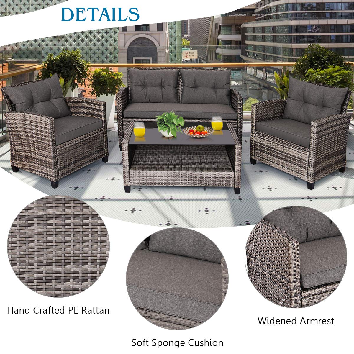 Tangkula 8 PCS Patio Wicker Conversation Furniture Set, Outdoor Rattan Sofa Set with Padded Cushion & Tempered Glass Coffee Table, Wicker Sectional Sofas & Table for Courtyard Balcony Garden (2, Grey)