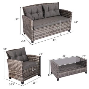 Tangkula 8 PCS Patio Wicker Conversation Furniture Set, Outdoor Rattan Sofa Set with Padded Cushion & Tempered Glass Coffee Table, Wicker Sectional Sofas & Table for Courtyard Balcony Garden (2, Grey)