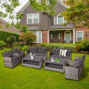 Tangkula 8 PCS Patio Wicker Conversation Furniture Set, Outdoor Rattan Sofa Set with Padded Cushion & Tempered Glass Coffee Table, Wicker Sectional Sofas & Table for Courtyard Balcony Garden (2, Grey)