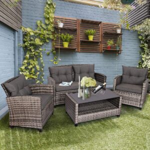 Tangkula 8 PCS Patio Wicker Conversation Furniture Set, Outdoor Rattan Sofa Set with Padded Cushion & Tempered Glass Coffee Table, Wicker Sectional Sofas & Table for Courtyard Balcony Garden (2, Grey)