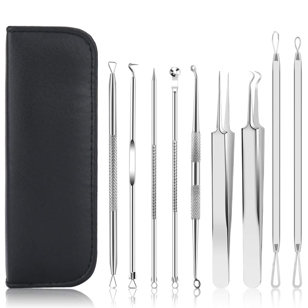 Pimple Popper Tool Kit, UUBAAR 9 PCS Blackhead Remover Tools with Tweezers, 16-Heads Professional Acne Zit Pimple Popper Extraction Tools, Whitehead Comedone Extractor Kit for Facial Nose