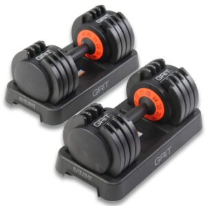 grit adjustable dumbbells set - 11 to 55 lbs fast adjusting dial weights - workout exercise, strength training and core fitness at home or gym for men and women - easy removable plates, tray 2 pack