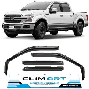 clim art in-channel incredibly durable rain guards for ford f150 2015-2020 supercrew, original window deflectors, vent deflector, vent window visors, dark smoke truck accessories, 4 pcs- 615010lp