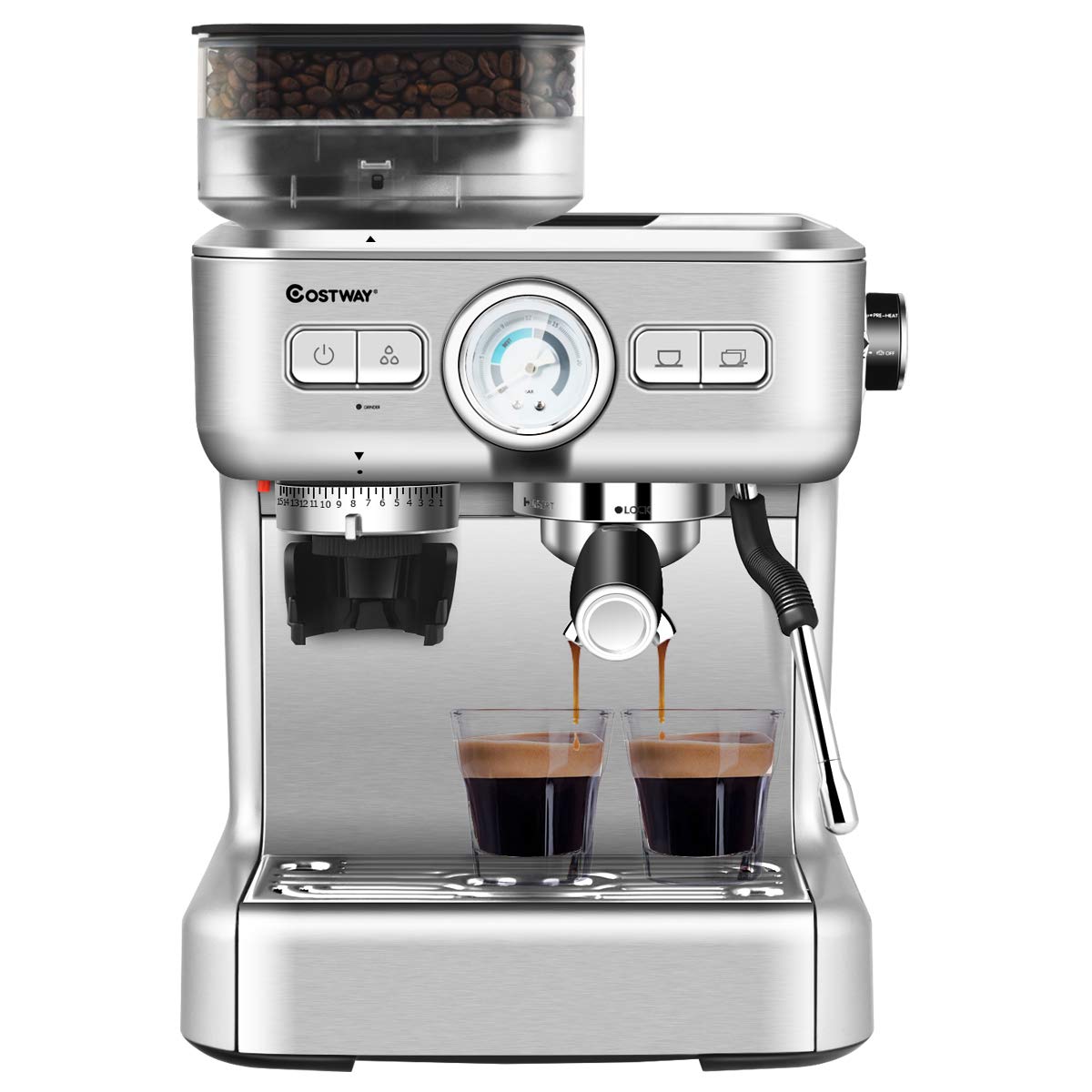 COSTWAY Semi-Automatic Espresso Machine, 20 Bar Pump, Built-In Milk Frother and Steamer, 10s Preheating, PID Temperature Control, 2L Removable water tank, Drip Tray, Grinder with 30 Settings, Stainless Steel Pressure Coffee Brewer, Countertop Cappuccino M