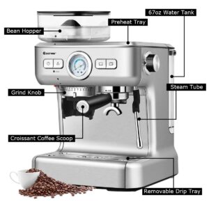 COSTWAY Semi-Automatic Espresso Machine, 20 Bar Pump, Built-In Milk Frother and Steamer, 10s Preheating, PID Temperature Control, 2L Removable water tank, Drip Tray, Grinder with 30 Settings, Stainless Steel Pressure Coffee Brewer, Countertop Cappuccino M