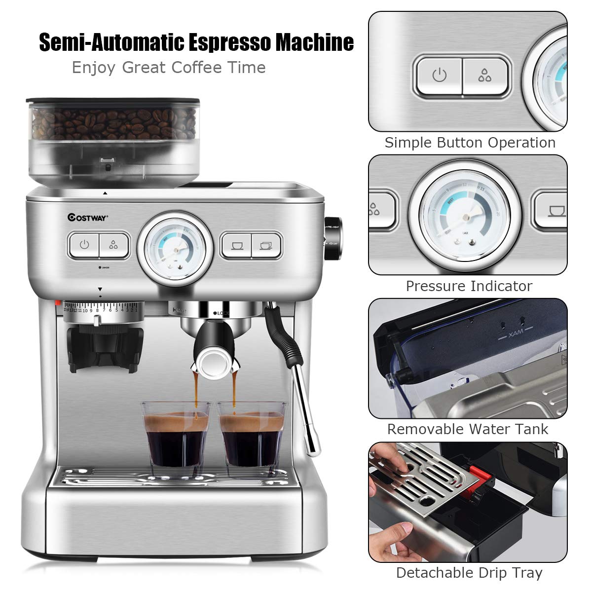 COSTWAY Semi-Automatic Espresso Machine, 20 Bar Pump, Built-In Milk Frother and Steamer, 10s Preheating, PID Temperature Control, 2L Removable water tank, Drip Tray, Grinder with 30 Settings, Stainless Steel Pressure Coffee Brewer, Countertop Cappuccino M