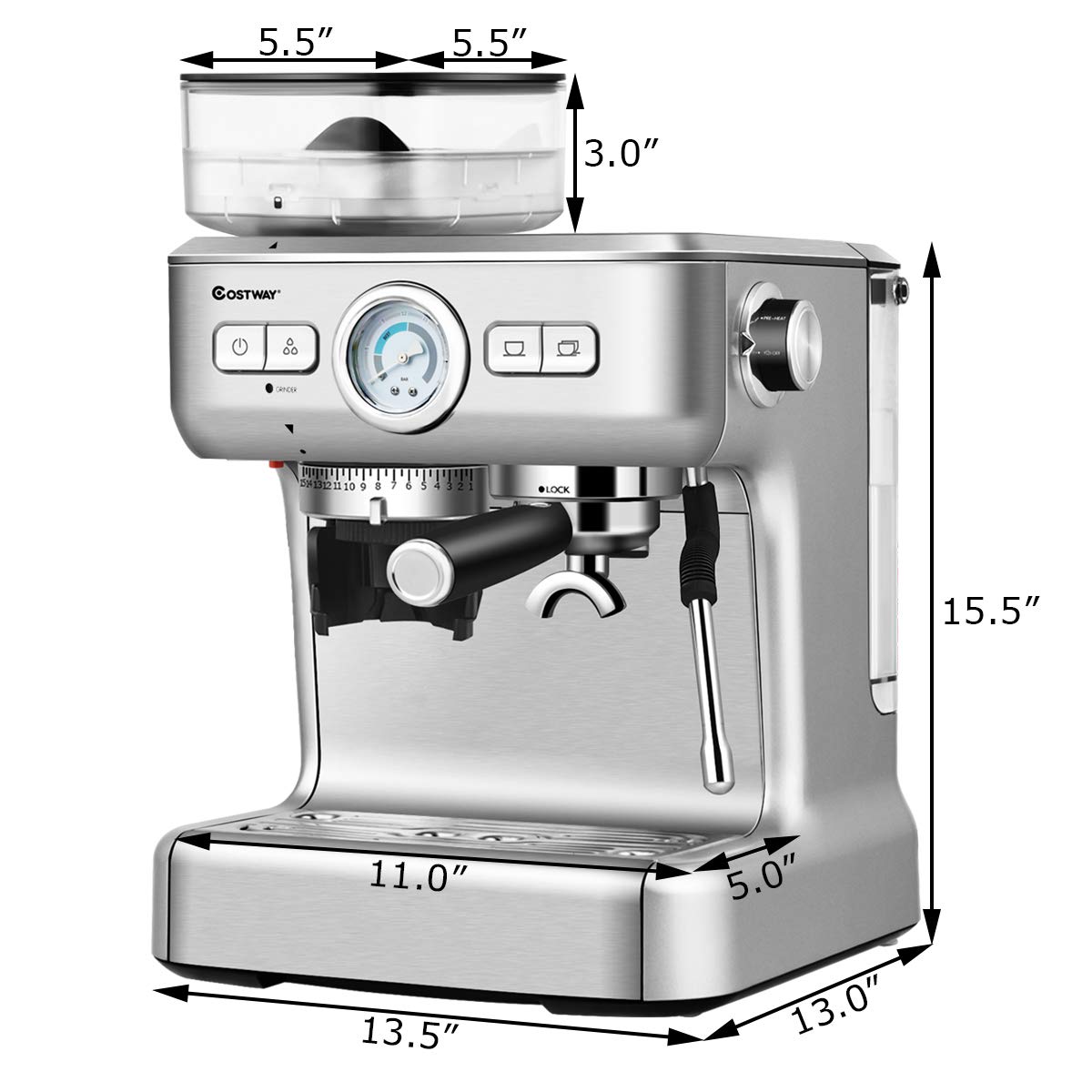 COSTWAY Semi-Automatic Espresso Machine, 20 Bar Pump, Built-In Milk Frother and Steamer, 10s Preheating, PID Temperature Control, 2L Removable water tank, Drip Tray, Grinder with 30 Settings, Stainless Steel Pressure Coffee Brewer, Countertop Cappuccino M