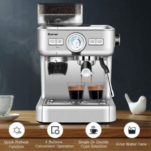 COSTWAY Semi-Automatic Espresso Machine, 20 Bar Pump, Built-In Milk Frother and Steamer, 10s Preheating, PID Temperature Control, 2L Removable water tank, Drip Tray, Grinder with 30 Settings, Stainless Steel Pressure Coffee Brewer, Countertop Cappuccino M