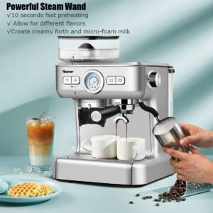 COSTWAY Semi-Automatic Espresso Machine, 20 Bar Pump, Built-In Milk Frother and Steamer, 10s Preheating, PID Temperature Control, 2L Removable water tank, Drip Tray, Grinder with 30 Settings, Stainless Steel Pressure Coffee Brewer, Countertop Cappuccino M