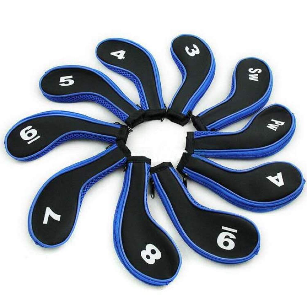 DBYAN 10pcs Number Printing Long Sleeve Golf Club Iron Covers Head Covers Set with Zipper for Irons Taylormade Ping Callaway Mizuno Cobra,Black/Blue