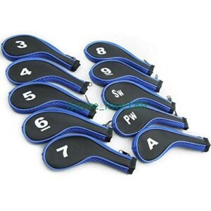 DBYAN 10pcs Number Printing Long Sleeve Golf Club Iron Covers Head Covers Set with Zipper for Irons Taylormade Ping Callaway Mizuno Cobra,Black/Blue