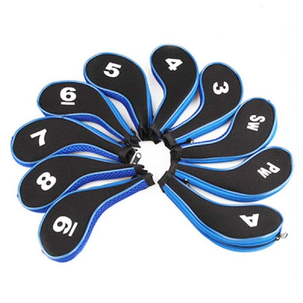 DBYAN 10pcs Number Printing Long Sleeve Golf Club Iron Covers Head Covers Set with Zipper for Irons Taylormade Ping Callaway Mizuno Cobra,Black/Blue