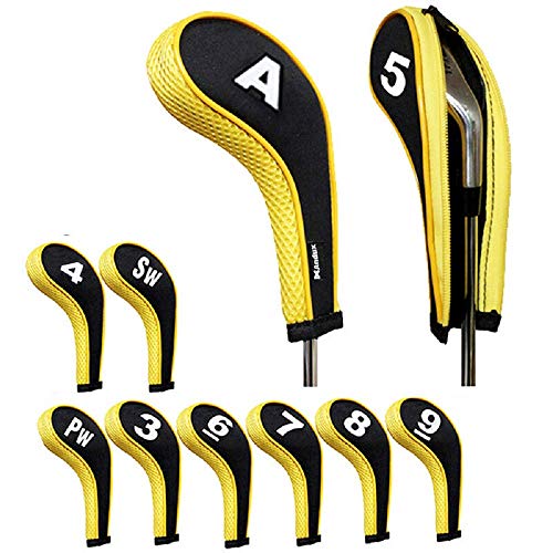 DBYAN 10pcs Number Print Long Sleeve Golf Club Iron Covers Head Covers Set with Zipper for Irons Taylormade Ping Callaway Mizuno Cobra,Black/Yellow