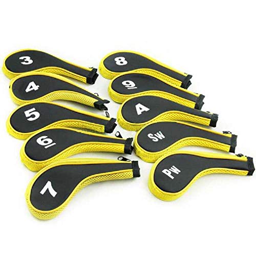 DBYAN 10pcs Number Print Long Sleeve Golf Club Iron Covers Head Covers Set with Zipper for Irons Taylormade Ping Callaway Mizuno Cobra,Black/Yellow