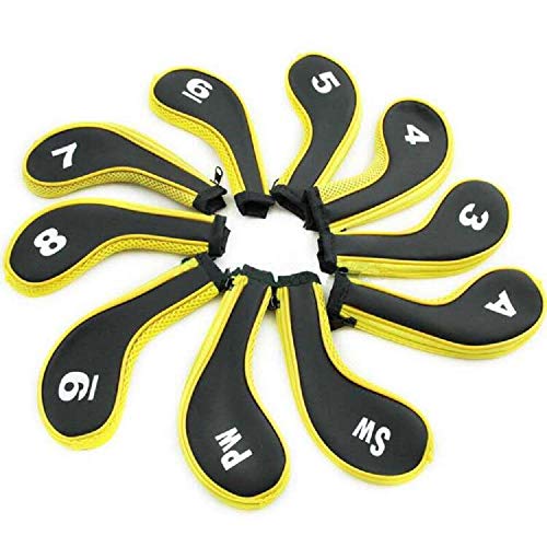 DBYAN 10pcs Number Print Long Sleeve Golf Club Iron Covers Head Covers Set with Zipper for Irons Taylormade Ping Callaway Mizuno Cobra,Black/Yellow