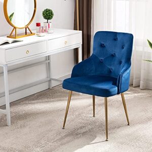 FCQuality Velvet Vanity Chair with Tufted Back Gold Metal Legs Dining Chair Mid Century Modern Upholstered Accent Desk Chair for Living Room Home Office Bedroom, Cobalt/Royal Blue