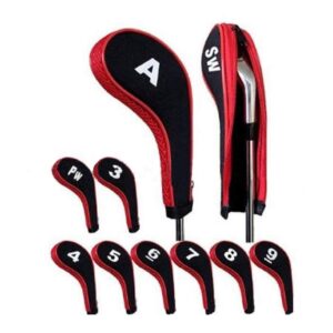 DBYAN 10pcs Number Print Long Sleeve Golf Club Iron Covers Head Covers Set with Zipper for Irons Taylormade Ping Callaway Mizuno Cobra,Black & Red