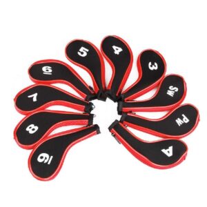 DBYAN 10pcs Number Print Long Sleeve Golf Club Iron Covers Head Covers Set with Zipper for Irons Taylormade Ping Callaway Mizuno Cobra,Black & Red