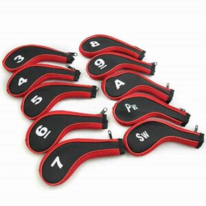 DBYAN 10pcs Number Print Long Sleeve Golf Club Iron Covers Head Covers Set with Zipper for Irons Taylormade Ping Callaway Mizuno Cobra,Black & Red