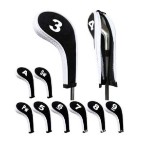 dbyan 10pcs number print long sleeve golf club iron covers head covers set with zipper for irons taylormade ping callaway mizuno cobra,black & white