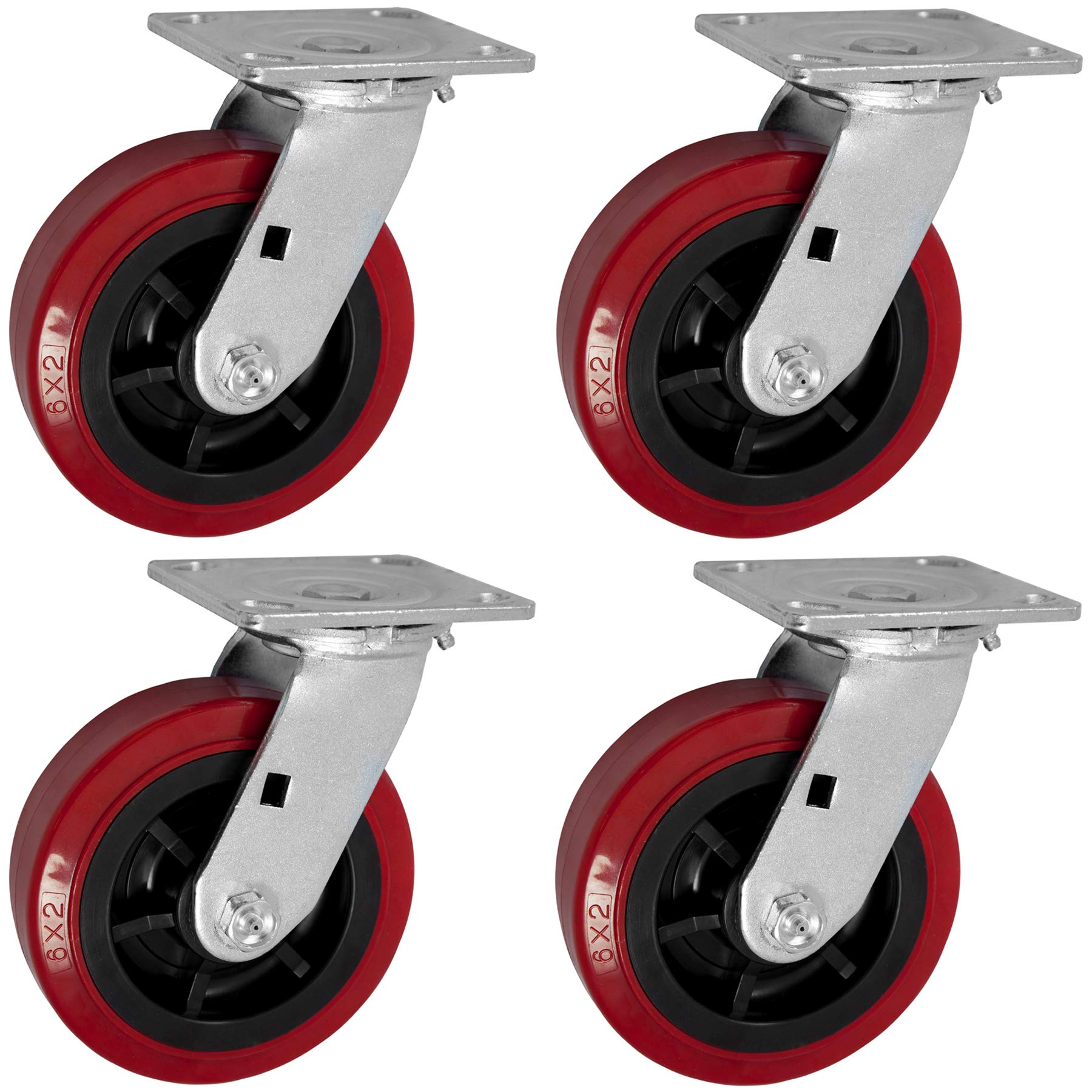 ICONCASTERWHEELS 6" x 2" Replacement Heavy Duty Industrial Casters, Top Plate 4" x 4.5", Red, Non-Marking Pro-Tech Polyurethane Wheel, Load Capacity 3600 lbs. per Set (4-Pack)