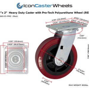 ICONCASTERWHEELS 6" x 2" Replacement Heavy Duty Industrial Casters, Top Plate 4" x 4.5", Red, Non-Marking Pro-Tech Polyurethane Wheel, Load Capacity 3600 lbs. per Set (4-Pack)