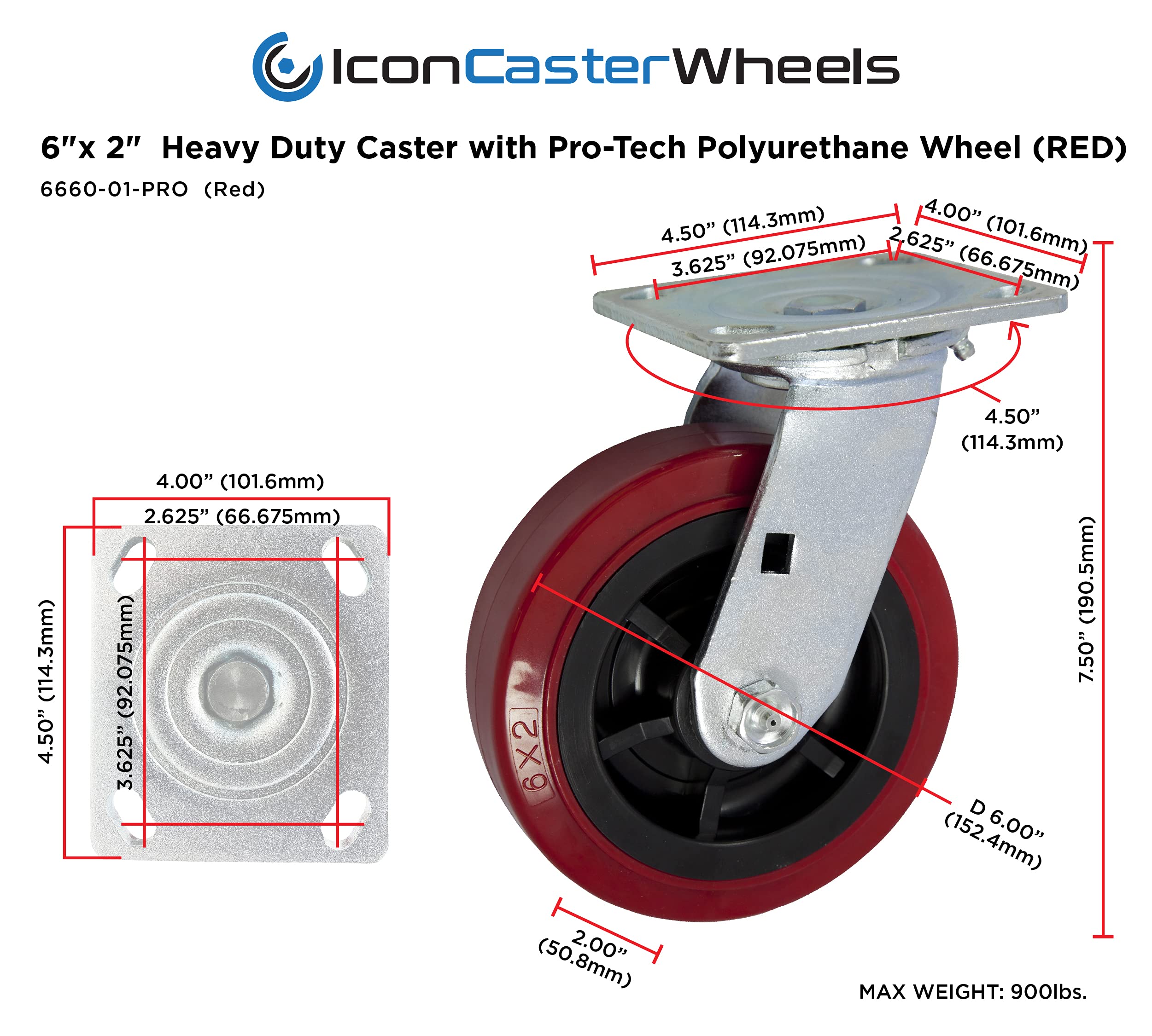 ICONCASTERWHEELS 6" x 2" Replacement Heavy Duty Industrial Casters, Top Plate 4" x 4.5", Red, Non-Marking Pro-Tech Polyurethane Wheel, Load Capacity 3600 lbs. per Set (4-Pack)