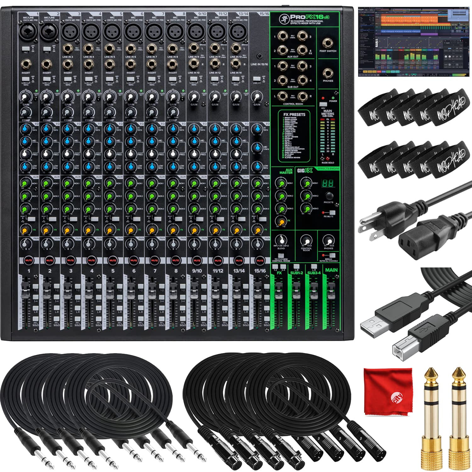 Mackie ProFX16v3 16-Channel Unpowered Mixer USB Bundle with Waveform OEM DAW, 4x Mophead 10-Foot TRS Cable, 4x 10-Foot XLR Cable, 2x 1/4" to 3.5mm Adapter, 10x Cable Ties and Microfiber Cloth