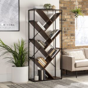 walker edison modern v-shaped open shelf metal wood bookcase tall bookshelf storage home office, 68 inch, dark walnut