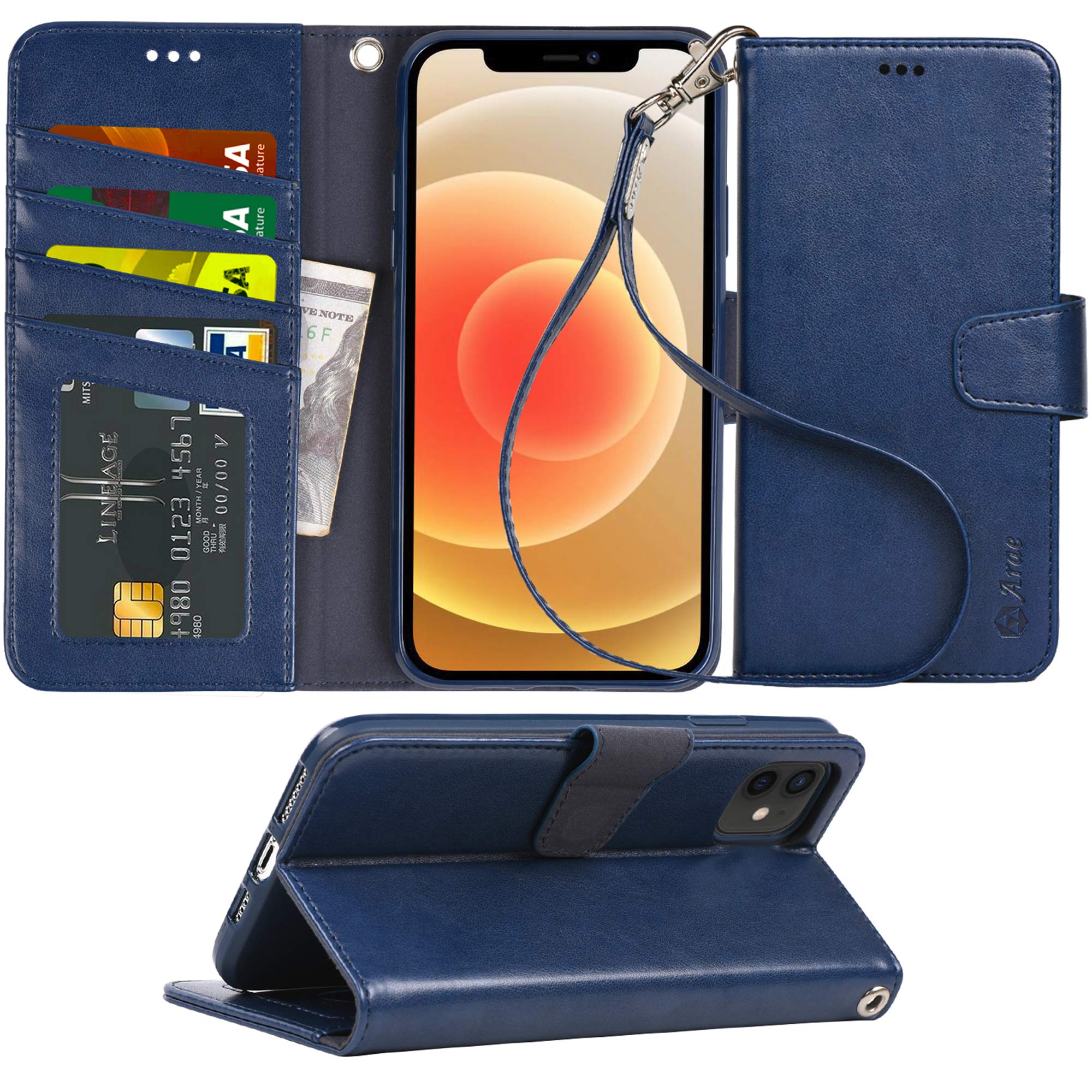 Arae Compatible with iPhone 12 Case and iPhone 12 Pro Case Wallet Flip Cover with Card Holder and Wrist Strap for iPhone 12/12 Pro 6.1 inch - Blue