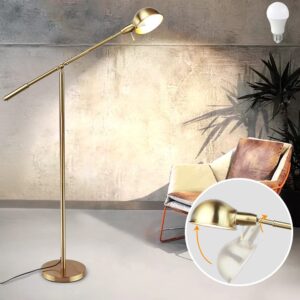 dinglilighting dllt metal floor lamp, adjustable swing arm reading standing lamp, 9w modern pole light brass task lighting for living room bedroom office home decor, e26 bulb included, gold