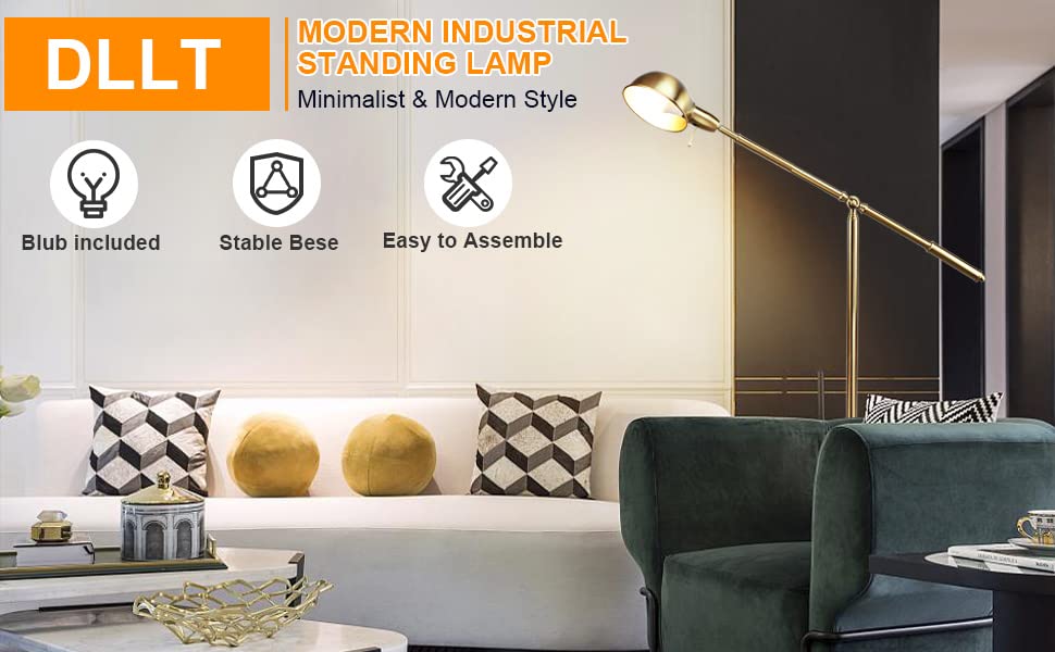 DINGLILIGHTING DLLT Metal Floor Lamp, Adjustable Swing Arm Reading Standing Lamp, 9W Modern Pole Light Brass Task Lighting for Living Room Bedroom Office Home Decor, E26 Bulb Included, Gold