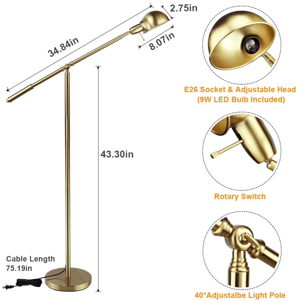 DINGLILIGHTING DLLT Metal Floor Lamp, Adjustable Swing Arm Reading Standing Lamp, 9W Modern Pole Light Brass Task Lighting for Living Room Bedroom Office Home Decor, E26 Bulb Included, Gold