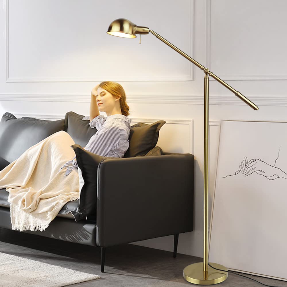 DINGLILIGHTING DLLT Metal Floor Lamp, Adjustable Swing Arm Reading Standing Lamp, 9W Modern Pole Light Brass Task Lighting for Living Room Bedroom Office Home Decor, E26 Bulb Included, Gold