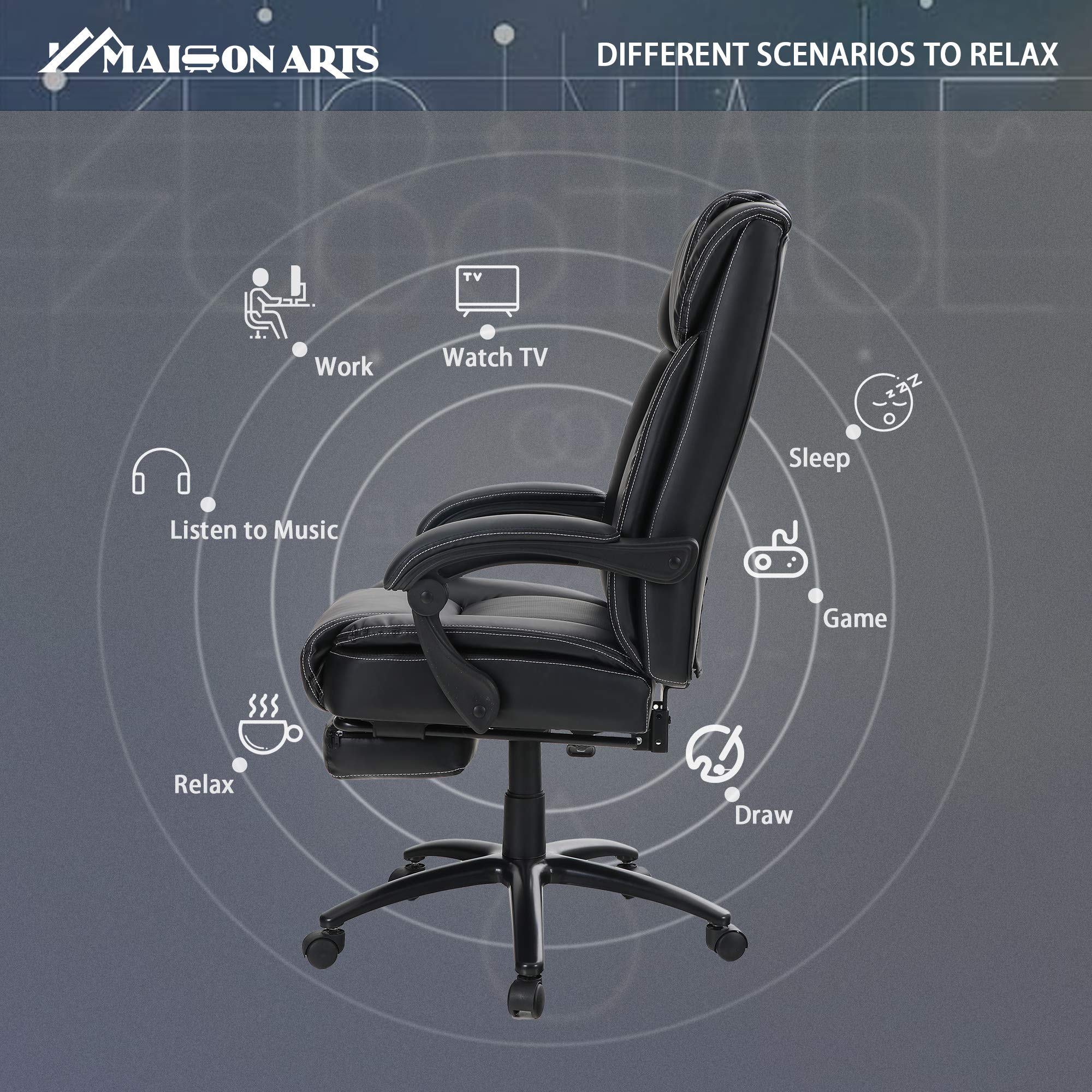 MAISON ARTS High Back Bonded Leather Reclining Office Chair Task Chair, Heavy Duty Executive Massage Computer Desk Chair with Retractable Footrest and Metal Base for Home Office