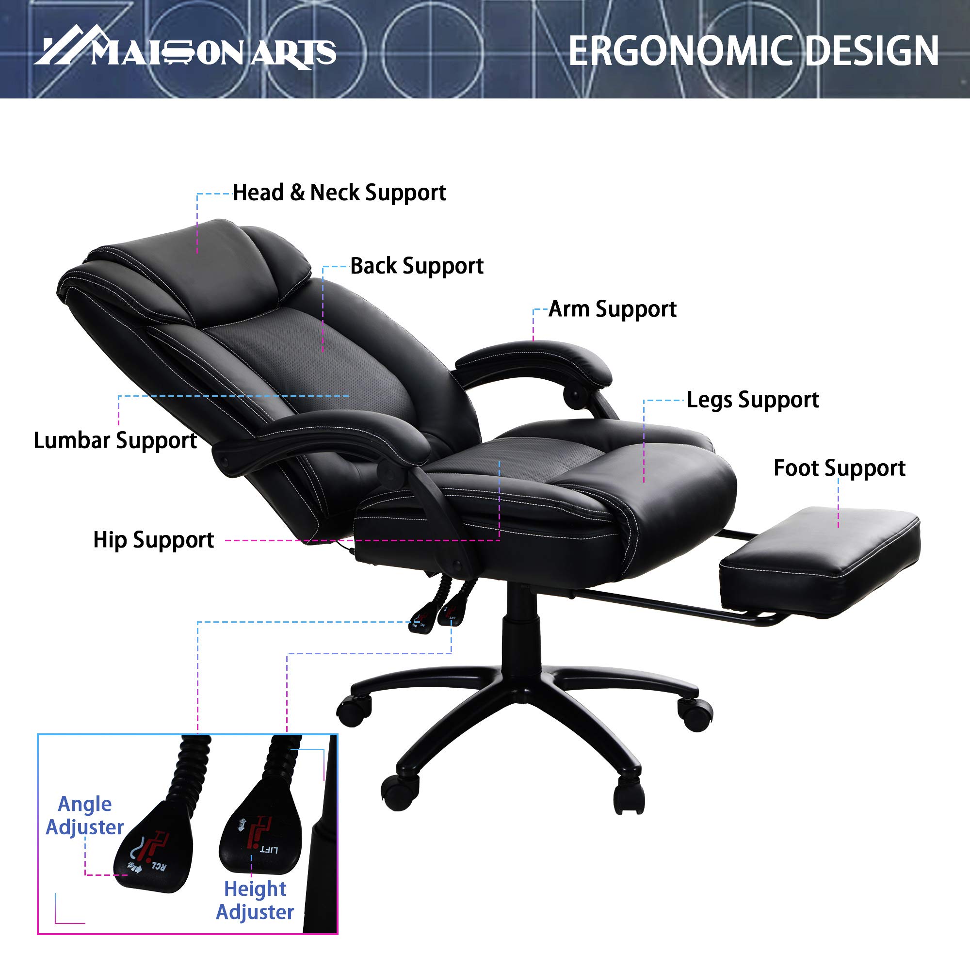 MAISON ARTS High Back Bonded Leather Reclining Office Chair Task Chair, Heavy Duty Executive Massage Computer Desk Chair with Retractable Footrest and Metal Base for Home Office