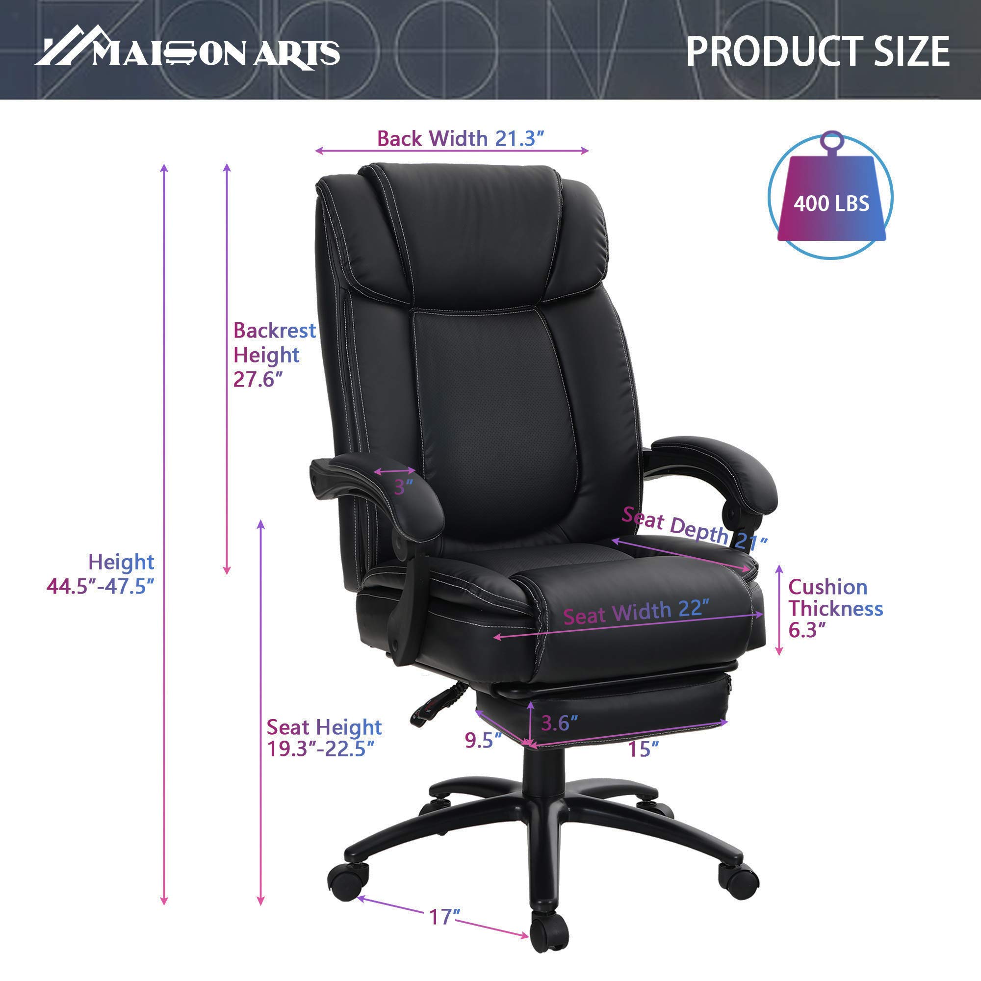 MAISON ARTS High Back Bonded Leather Reclining Office Chair Task Chair, Heavy Duty Executive Massage Computer Desk Chair with Retractable Footrest and Metal Base for Home Office