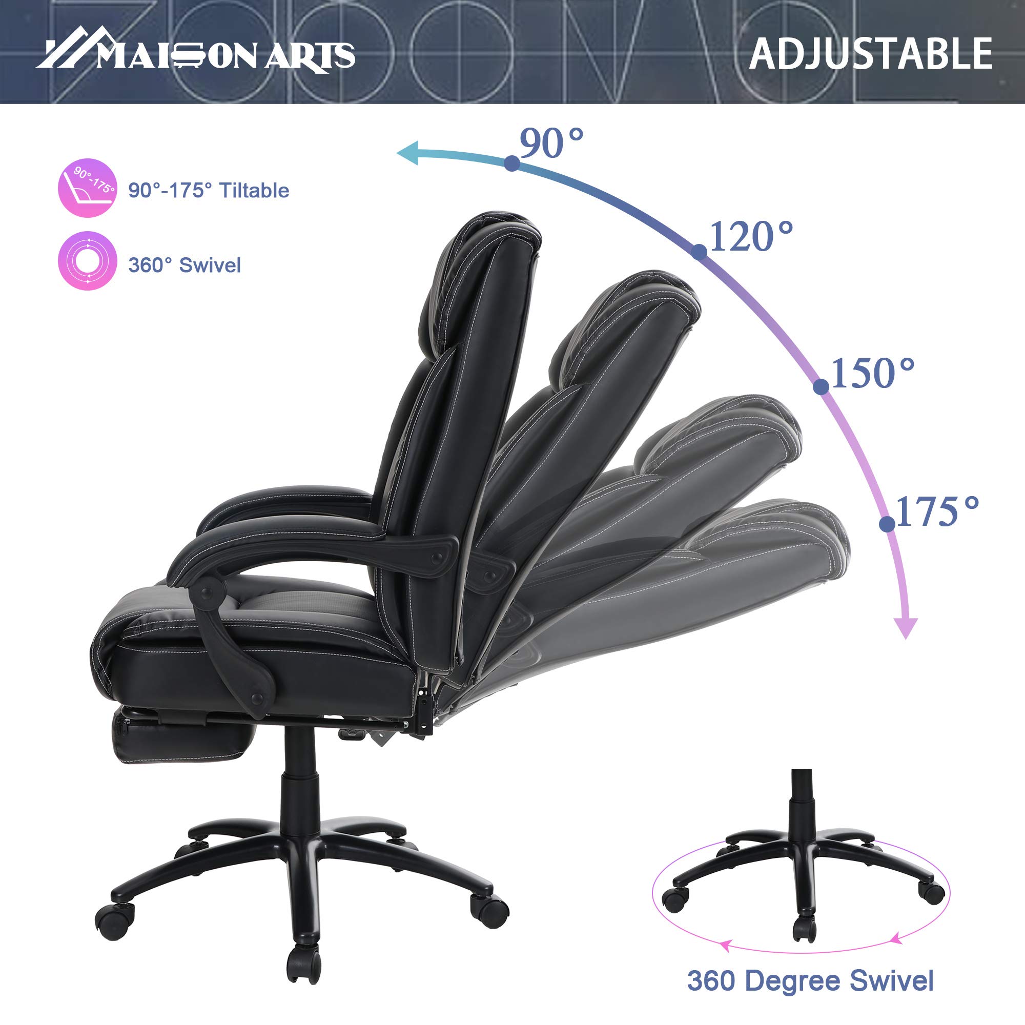 MAISON ARTS High Back Bonded Leather Reclining Office Chair Task Chair, Heavy Duty Executive Massage Computer Desk Chair with Retractable Footrest and Metal Base for Home Office